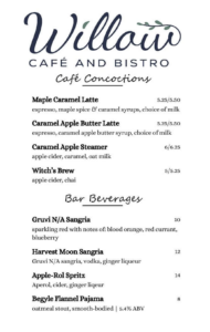 Menus | Willow Cafe and Bistro
