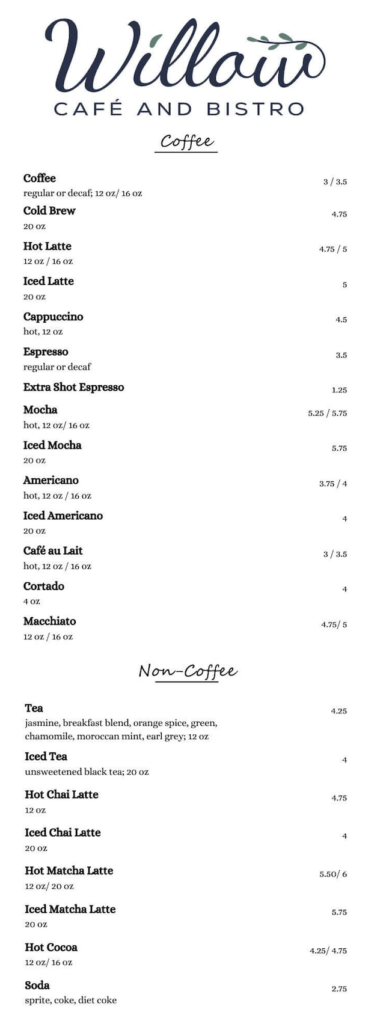 Menus | Willow Cafe and Bistro