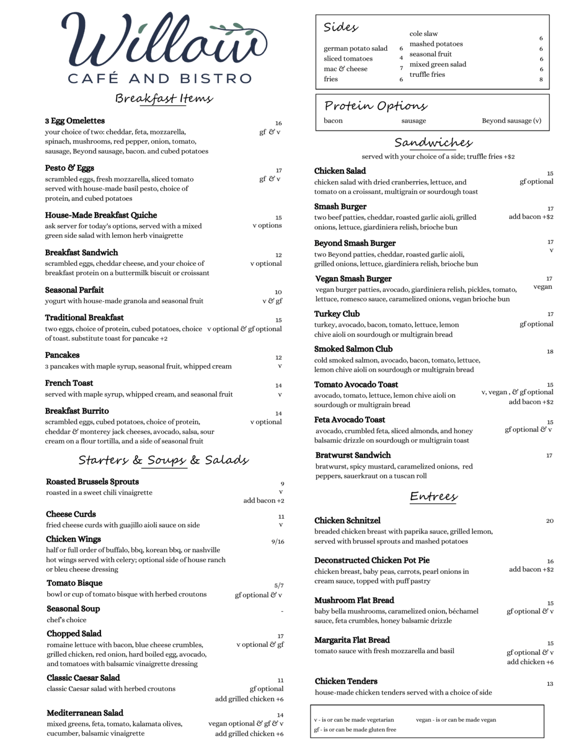 Menus | Willow Cafe and Bistro
