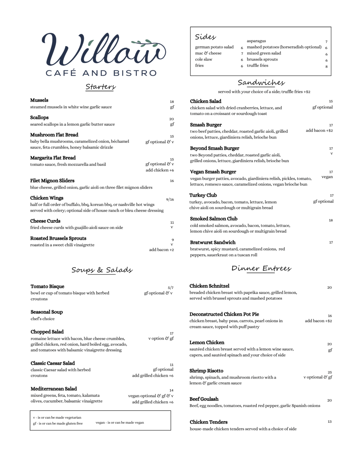 Menus | Willow Cafe and Bistro