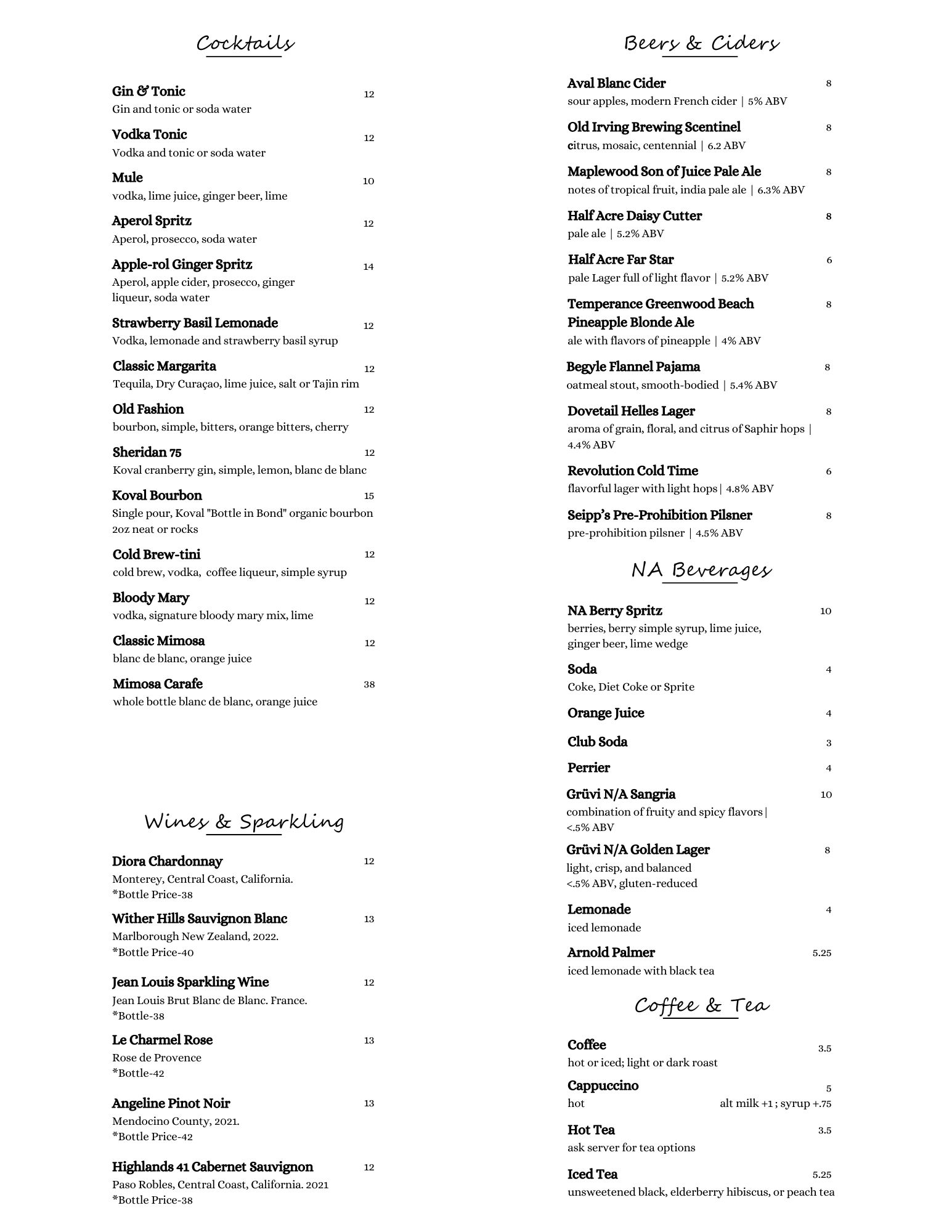 Menus | Willow Cafe and Bistro