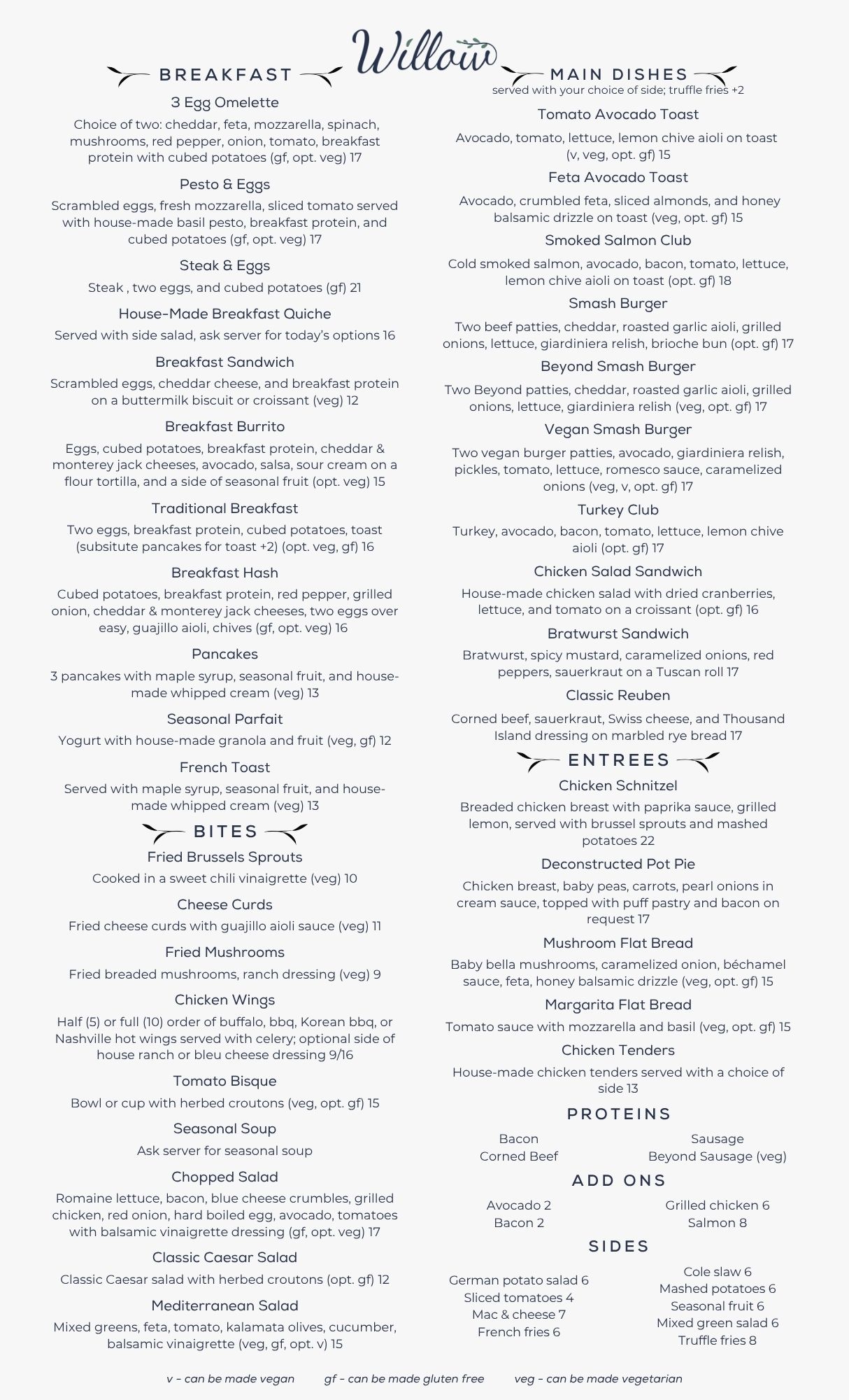 Menus | Willow Cafe and Bistro