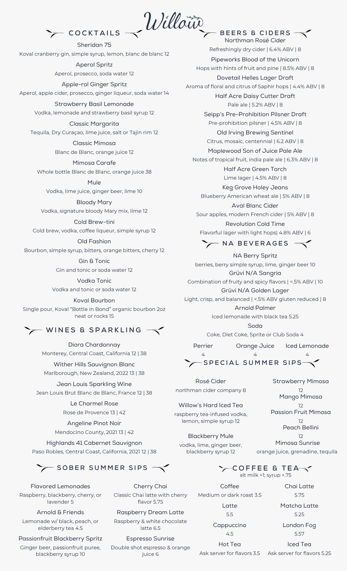 Menus | Willow Cafe and Bistro